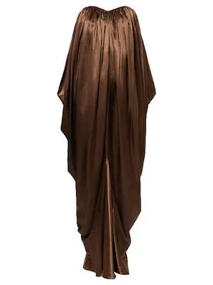 ABADIA Strapless Draped Satin Maxi Dress - Brown