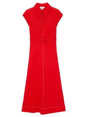 REISS Sloane Collared Belted Midi Dress - Red