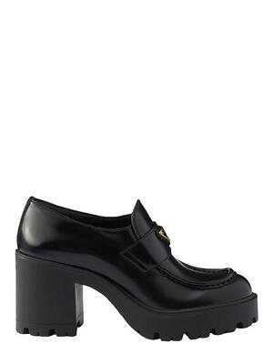 Prada Brushed Leather Loafers With Enamelled Triangle Logo And Block Heel - Black