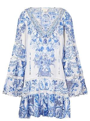 Camilla Ceramic Print Silk And Cotton Mini Dress - Ceramic Panoramic