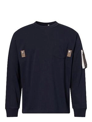 Sacai Zip-pocket Long-sleeve Cotton T-shirt - Navy/dkhaki