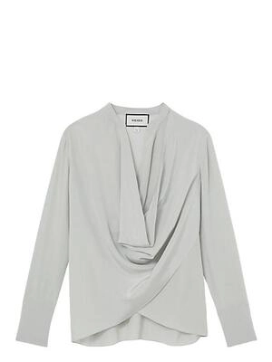 REISS Lauren Silk Notch Neck Draped Shirt - Grey
