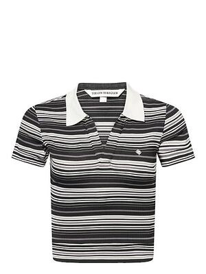 THE COUTURE CLUB Striped Ribbed Polo Top - Black