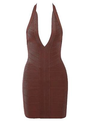 House Of Cb The Plunge Halter-neck Stretch-woven Mini Dress - Brown