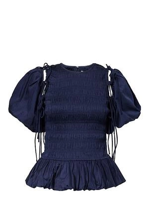 DAMSON MADDER Becca Shirred Cotton Blouse With Puff Sleeves - Navy