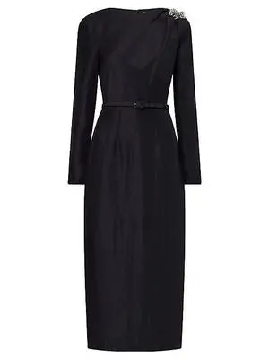 Roland Mouret Long-sleeve Midi Dress With Crystal Brooch - Black