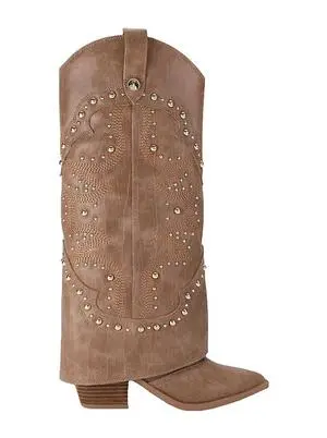 Steve Madden Suede Studded High Leg Block Heel Boots - Tan