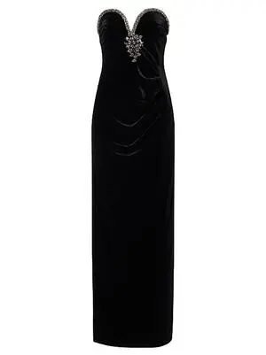 SELF-PORTRAIT Brooch-embellished Sweetheart-neck Velvet Maxi Dress - Black