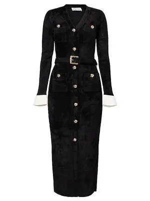 SELF-PORTRAIT Belted Chenille Midi Dress - Black