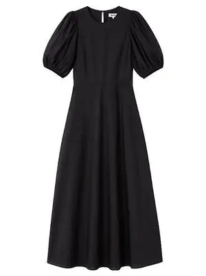 RO&ZO Seam-waist Puff-sleeve Cotton-voile Midi Dress - Black
