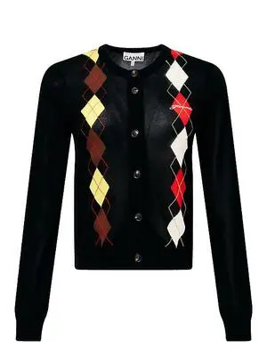 GANNI Cotton-knitted Argyle Cardigan - Black