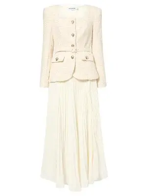 SELF-PORTRAIT Tailored Boucle Midi Dress With Pleated Skirt - Cream