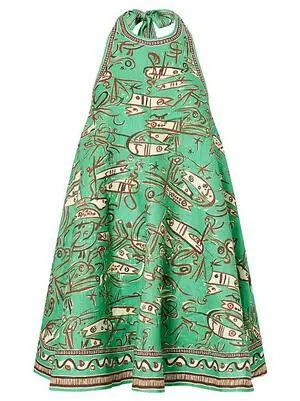ALEMAIS Fish Sticks Printed Linen Halterneck Mini Dress - Green