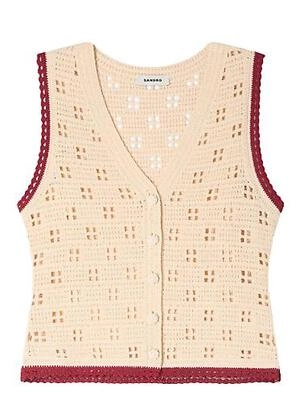 Sandro Sleeveless Crochet Knit V-neck Cardigan - Ecru
