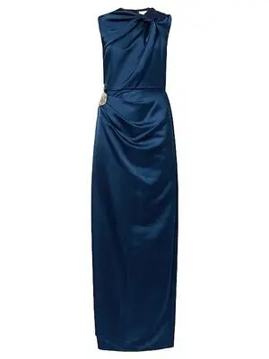 Erdem Draped Embroidered Satin Maxi Dress - Navy