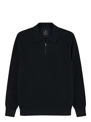 Boggi Milano Zip-neck Long-sleeve Wool-blend Polo - Black