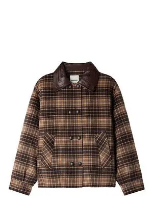 Sandro Checked Wool-blend Coat With Leather Collar - Brown