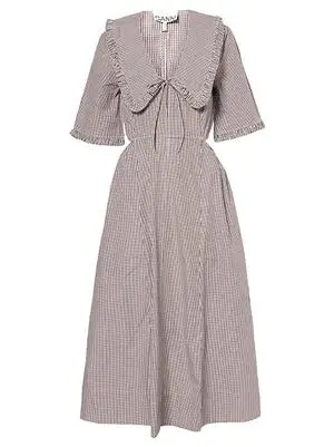 GANNI Checked Cotton Cut-out Midi Dress - Chicory Coffee