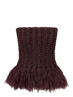 REBIRTH Bead-embellished Braided Woven Bustier Top - Dark Brown