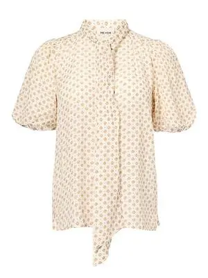ME+EM Printed Short Sleeve Puff Sleeve Blouse With Neck Tie - Light Cream Multi