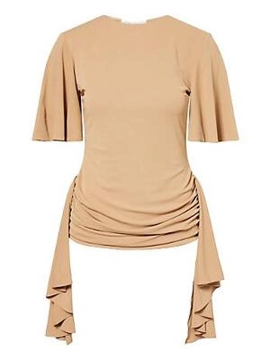 ABADIA Ruched Frill Stretch-woven T-shirt - Tan