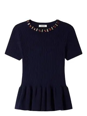 Sandro Embellished-trim Peplum-hem Wool-blend Jumper - Navy Blue