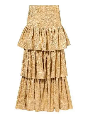 GRACE FAENA Grace Faena Tiered Beaded Silk Midi Skirt