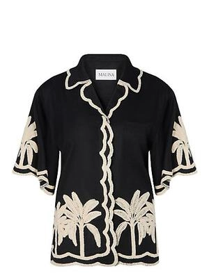 MALINA Armida Palm-embroidered Linen-blend Shirt - Black
