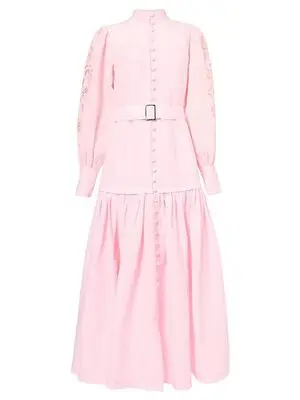 Mona Alshebil Embroidered Sleeve Belted Cotton Maxi Dress - Pink