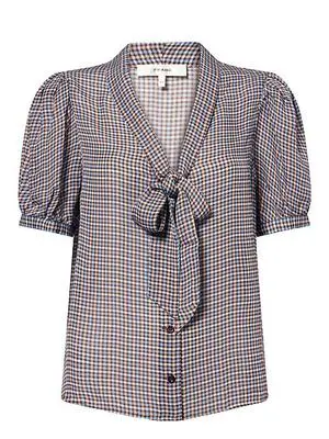 FRAME Houndstooth Silk Blouse With Scarf Tie - Chestnut Multi Plaid