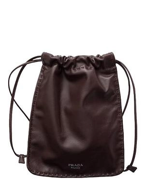 Prada Leather Pouch With Drawstring Closure And Detachable Shoulder Strap - Brown