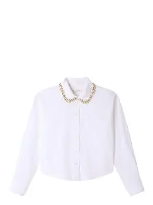 Sandro Embellished Collar Long Sleeve Cotton Shirt - White