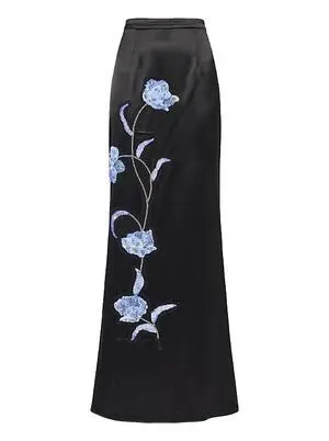 Huishan Zhang Floral Embroidered Satin Maxi Skirt - Black