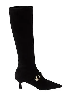 Prada Stretch Suede Heeled Tall Boots With Logo Buckle - Black