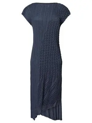 Issey Miyake Pleated Asymmetric Knit Midi Dress - Blue