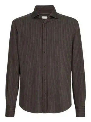 Brunello Cucinelli Virgin Wool, Silk And Cotton Chalk Stripe Piqué Shirt With Spead Collar - Brown