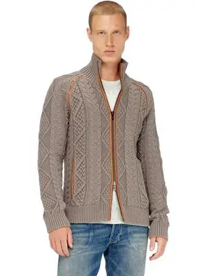 DIESEL® Cable Knit Zip Cardigan With High Neck - Grey