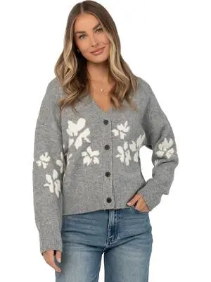 IN FEBRUARY Adelana Floral Knit V-neck Cardigan - Gray