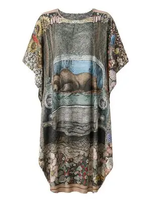 WENZI Double-sided Mulberry Silk Kaftan With Hand-painted Artwork - Purple
