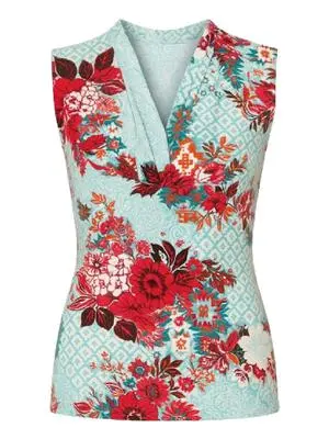 CONQUISTA Sleeveless Draped Neckline Floral Top - Blue/red
