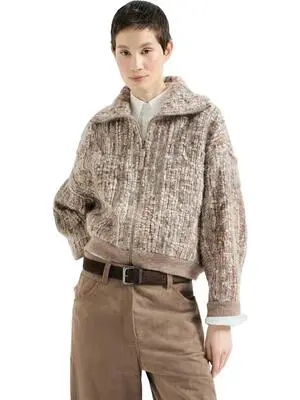Brunello Cucinelli Dazzling Tree Bark Embroidery Mohair And Wool Cardigan - Beige
