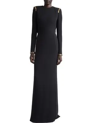 TOM FORD Long Sleeve Silk Evening Dress With Chainmail Trim - Black/gold