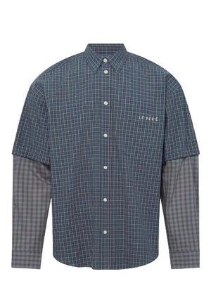 LE PERE Detached Sleeve Button Down Shirt - Blue Check