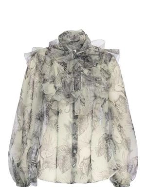 MAISON COMMON Printed Organza Blouse With Bow Detail - Mint