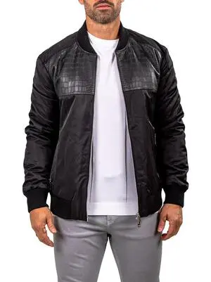 MACEOO Croc Embossed Leather Bomber Jacket - Black