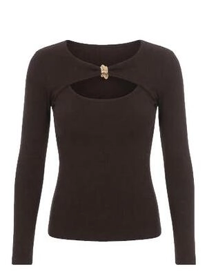 MONLICIA Detail Cutout Long Sleeve Stretch Top - Brown