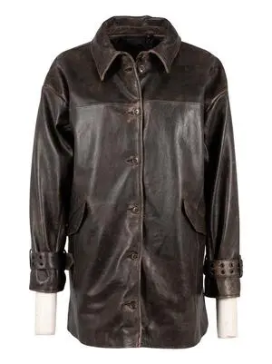 Mauritius Teona Distressed Leather Shacket With Buckle Cuffs - Black