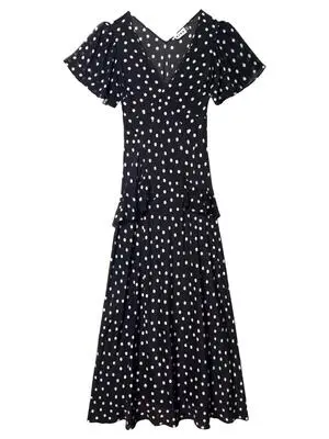 Rixo RIXO V-Neck Polka Dot Midi Dress With Short Sleeves Black