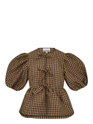 GANNI Checkered Puff Sleeve Blouse With Tie Detail - Brown
