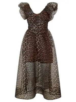GANNI Leopard Print Tulle V-neck Puff Sleeve Dress - Multicolor